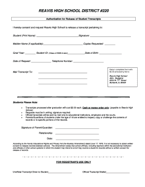 Fillable Online REAVIS HIGH SCHOOL DISTRICT #220 Authorization for ...