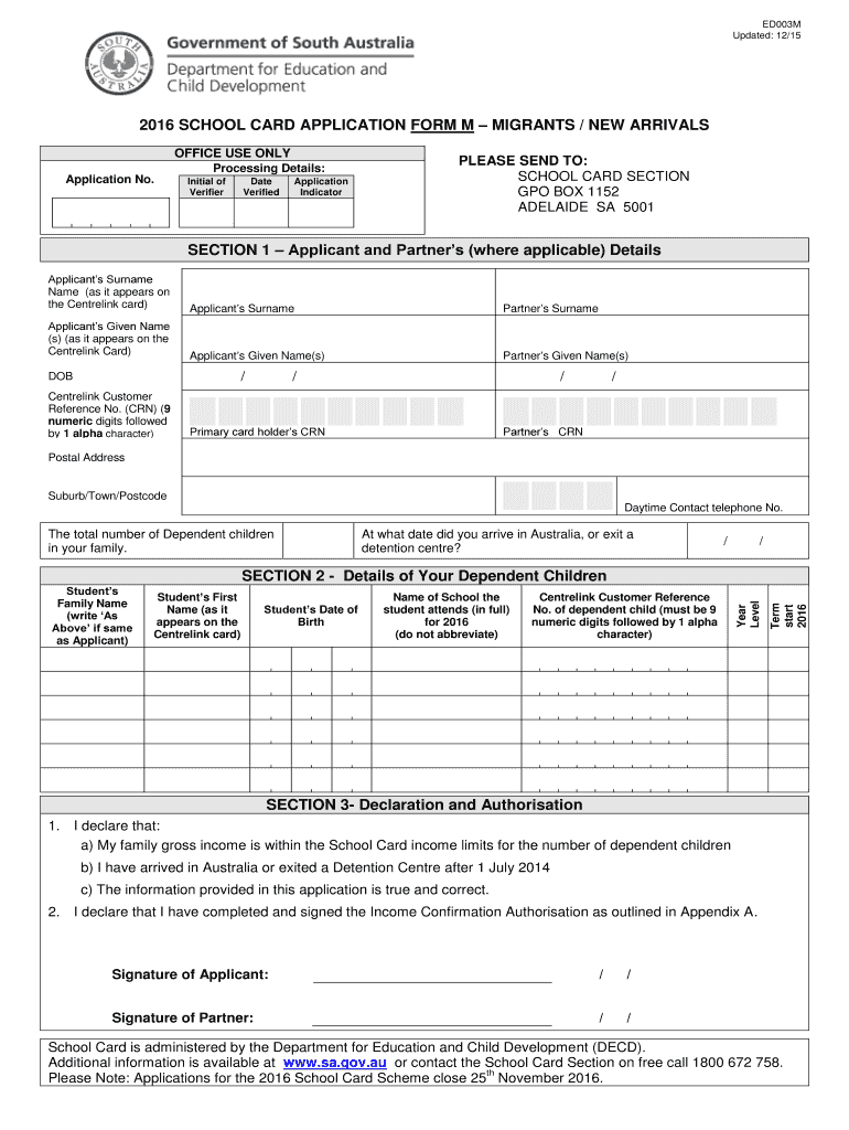 Fillable Online School Card Form M - Department for Education and Child ...