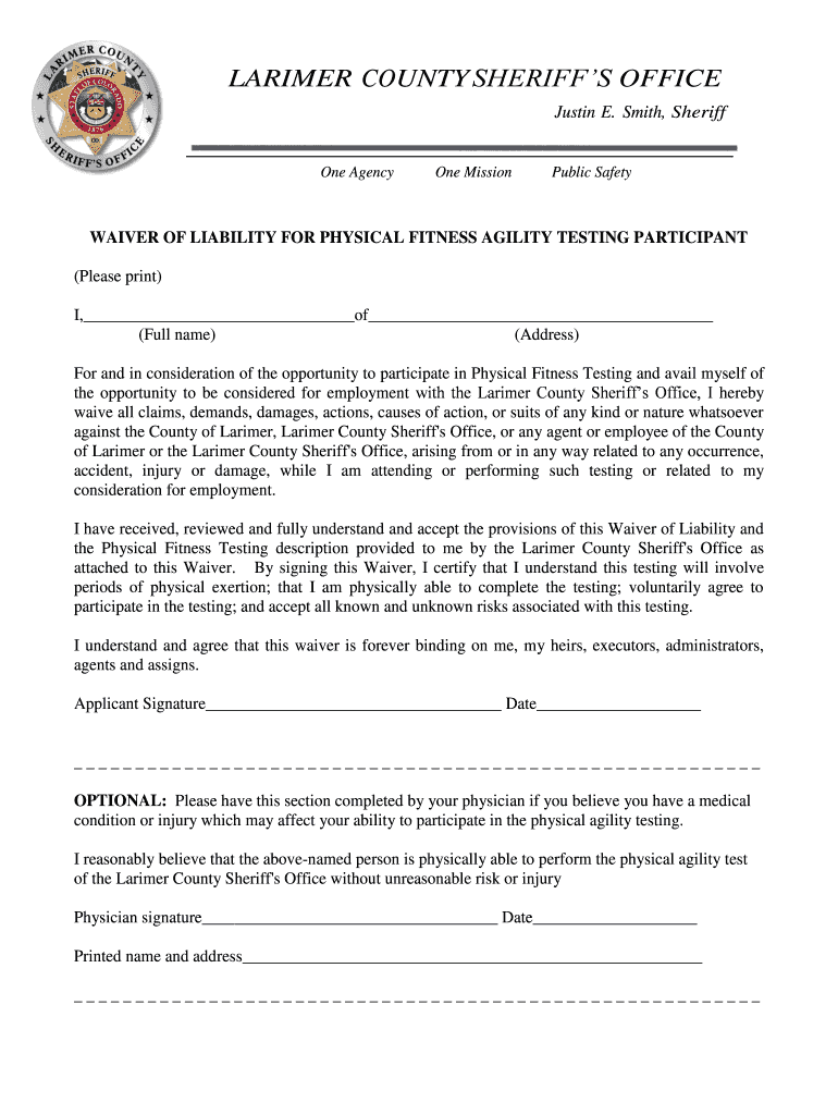 Fillable Online LCSO Fitness waiver FINALpdf - Larimer County Sheriffs Office Fax Email Print ...