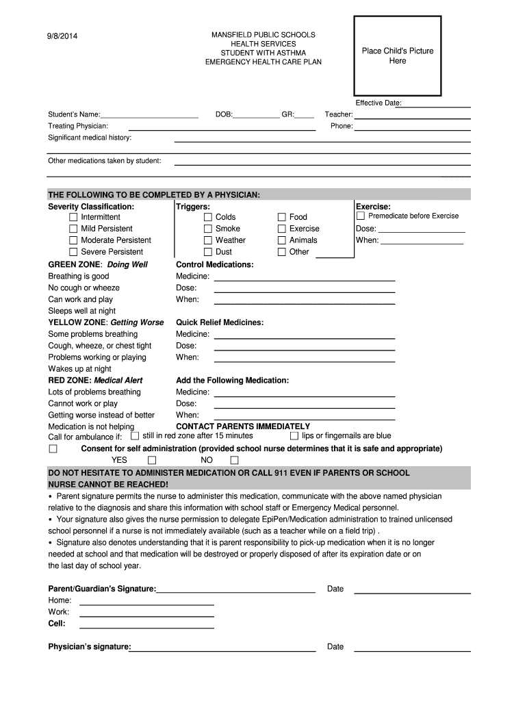Fillable Online Asthma Care Plan bFormb - Mansfield Public School Fax ...