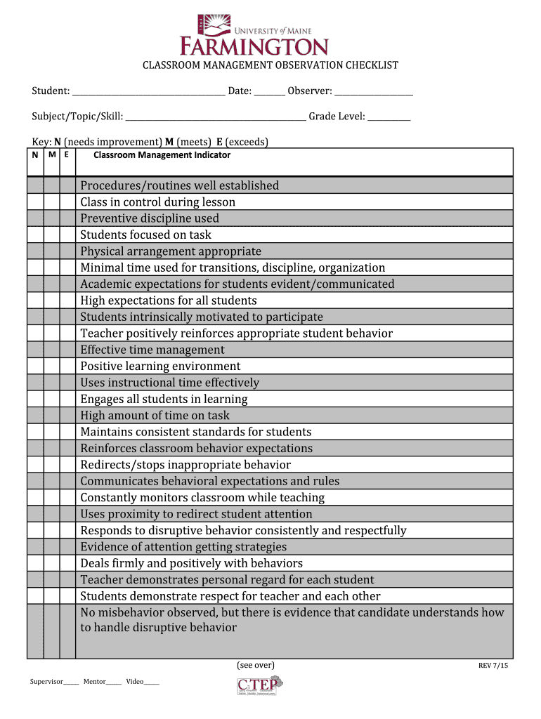 Fillable Online www2 umf maine Classroom Management Observation ...