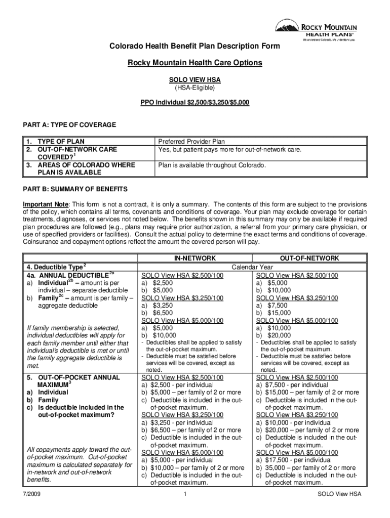 Fillable Online Colorado Health Plan Description Form Fax Email Print ...