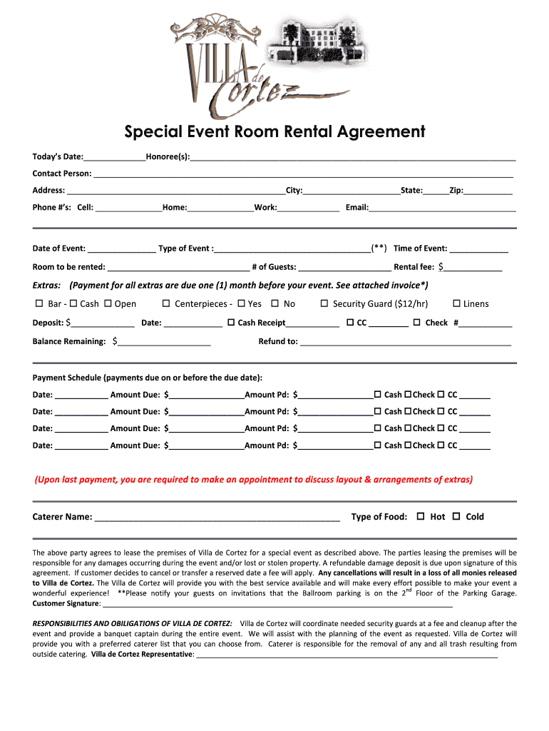Fillable Online Special Event Room Rental Agreement Fax Email Print ...