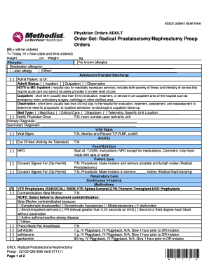Fillable Online Order Set Radical ProstatectomyNephrectomy Preop Orders ...