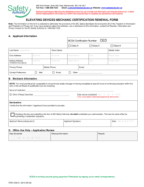 Fillable Online Elevating devices mechanic bcertificationb renewal form - BC Safety bb Fax Email ...