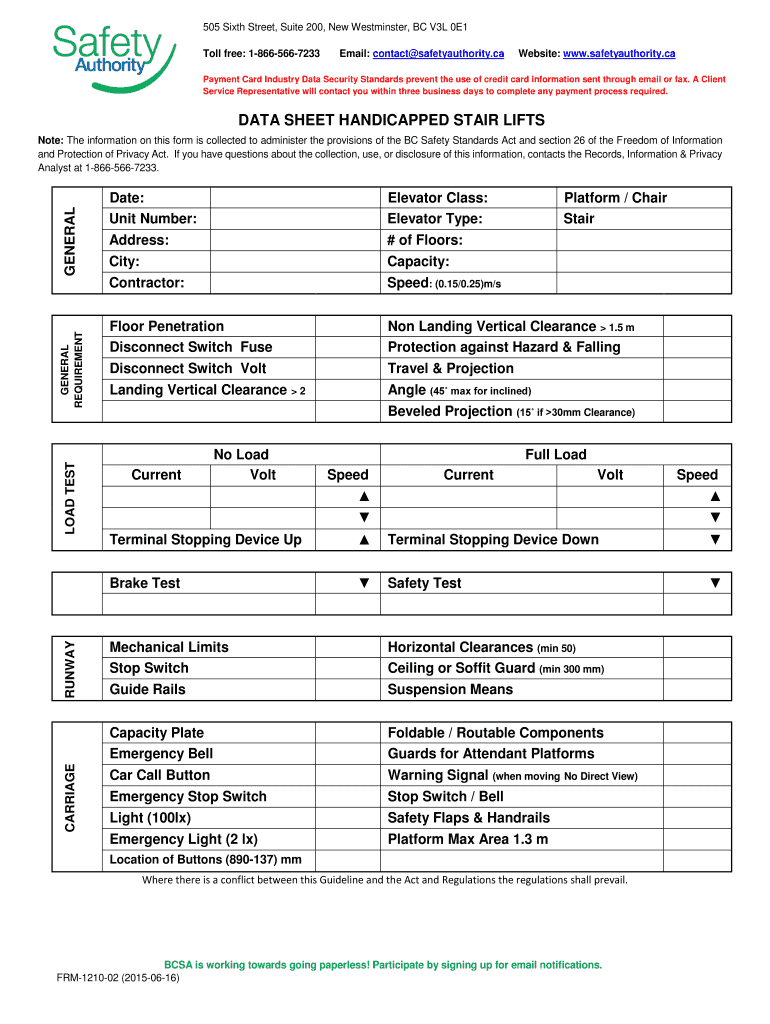 Fillable Online Data Sheet Handicapped Stair Lifts bFormb 1210 - BC ...