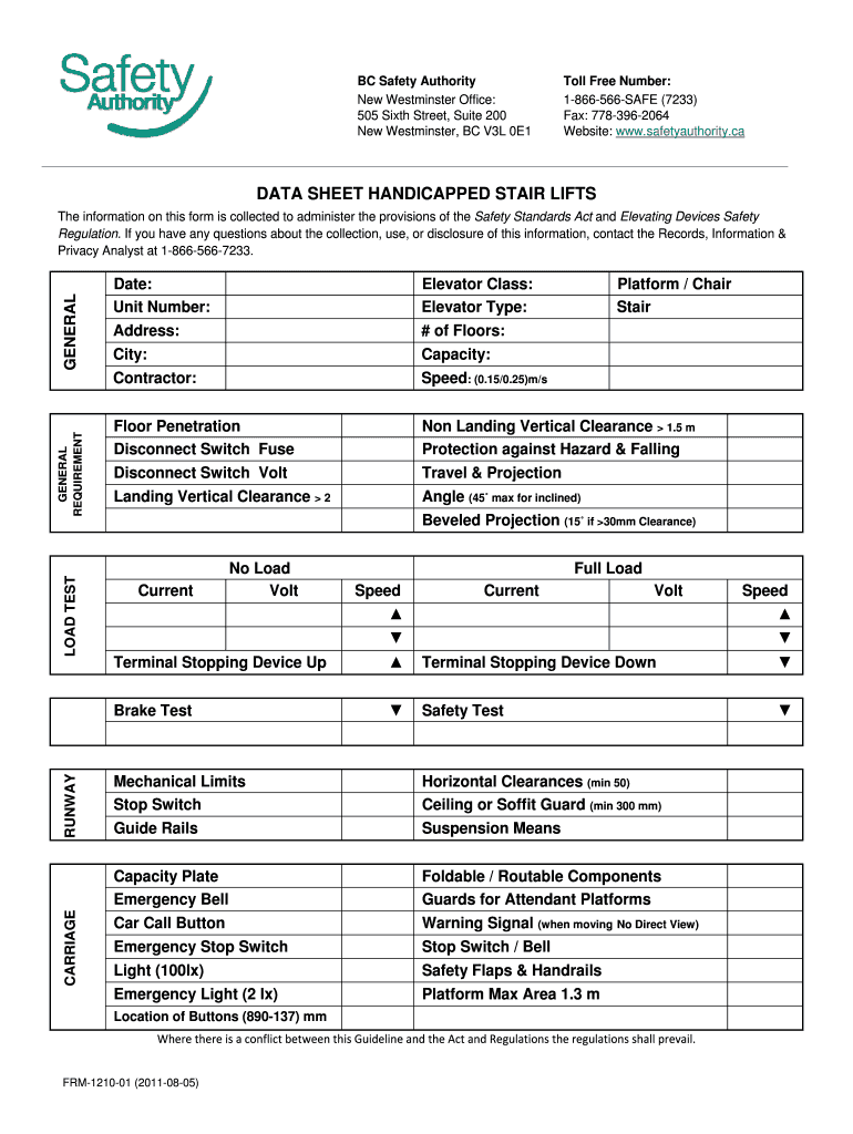 Fillable Online Data Sheet Handicapped Stair Lifts FRM-1210-01 Fax Email Print - pdfFiller