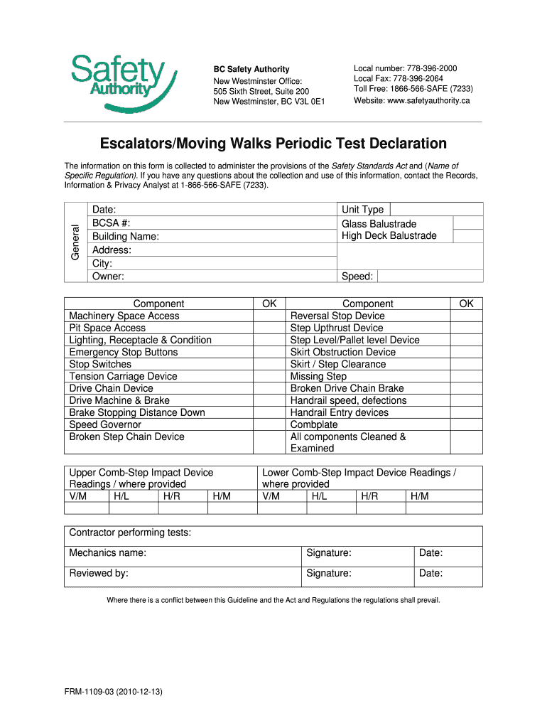 Fillable Online Escalator-Moving Walks periodic test declaration FRM ...