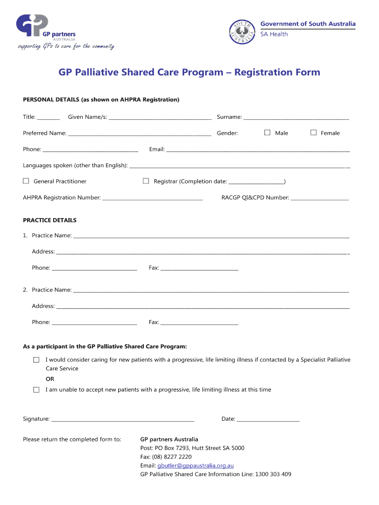 Fillable Online GP Palliative Shared Care Program - Registration ...