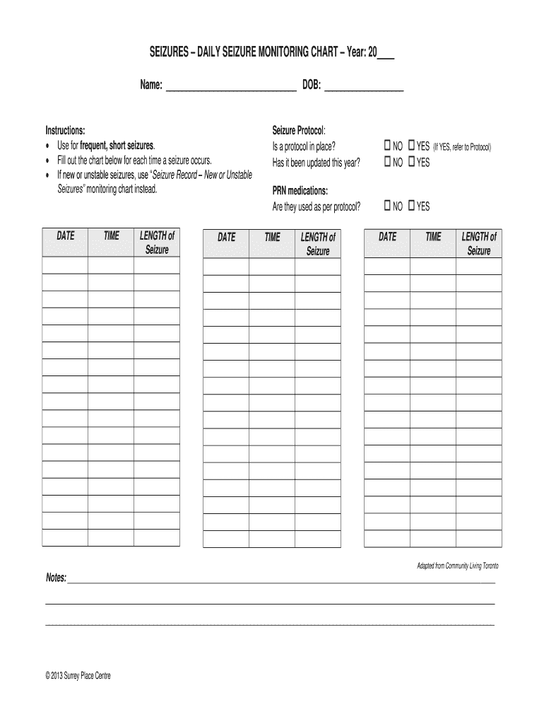 Fillable Online surreyplace on SEIZURES DAILY SEIZURE MONITORING Year ...
