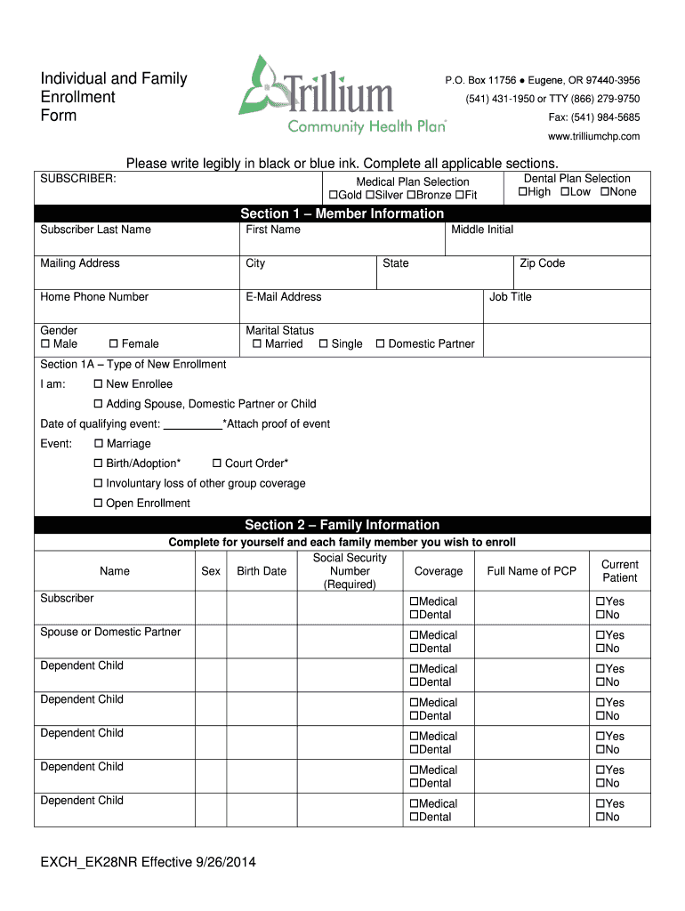Fillable Online Individual and Family Enrollment Form - Trillium ...