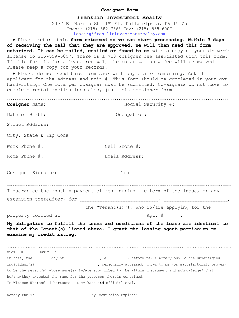 Fillable Online Cosigner Form Fax Email Print - pdfFiller