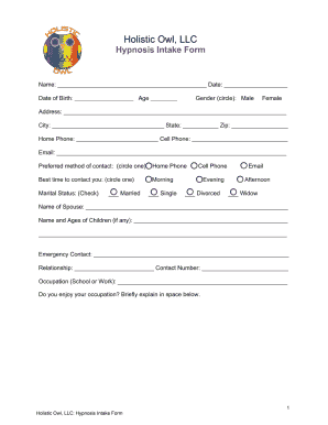 Fillable Online Holistic Owl LLC Hypnosis Intake Form Fax Email Print ...