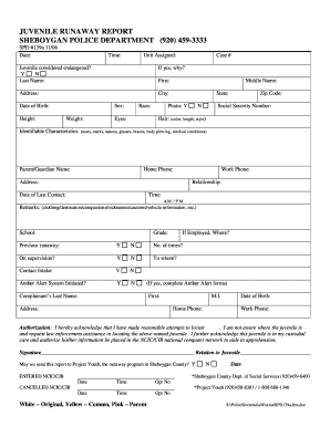 Fillable Online Download Juvenile Runaway Report Form Here - Sheboygan ...