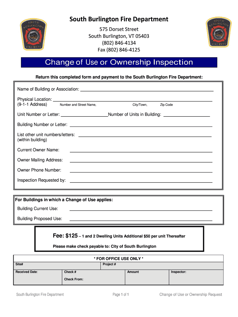 Fillable Online South Burlington Fire Department Change of Use or ...