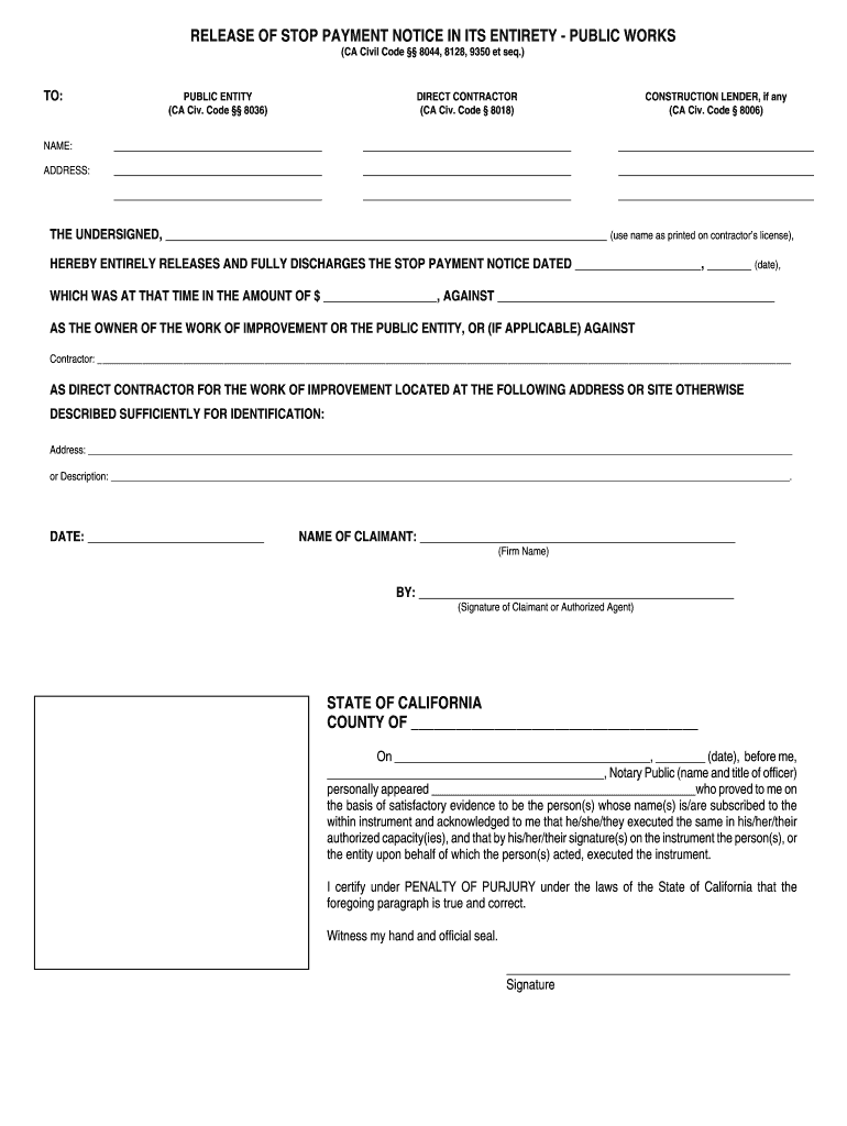 Fillable Online Release of Public Works Stop Notice - Kron amp Card LLP ...