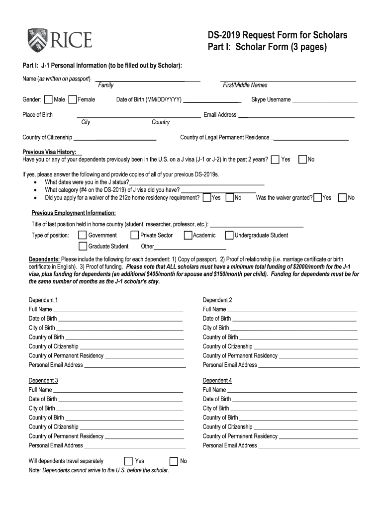Fillable Online oiss rice DS-2019 Request Form for Scholars Part I ...