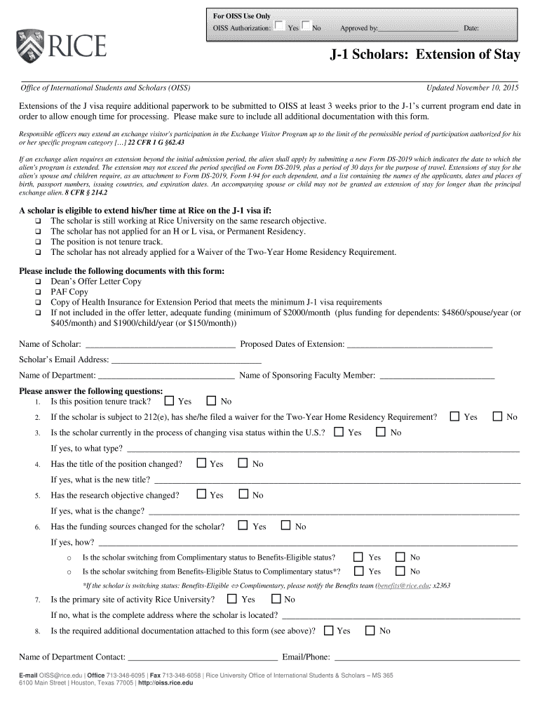 Fillable Online oiss rice J-1 Scholar Extension bFormb - Rice ...