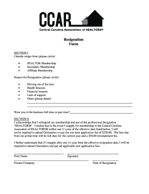 Fillable Online CCAR Resignation Form - Central Carolina Association of ...