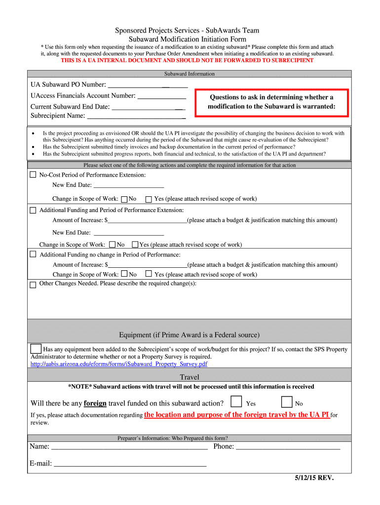 Fillable Online rgw arizona Subaward Modification Initiation Form Fax ...