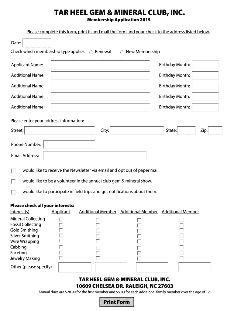 Fillable Online tarheelclub Membership Application - Tar Heel Gem ...