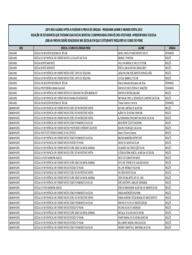 Fillable Online lista dos alunos aptos a fazerem a prova de lnguas ...