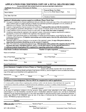 Fillable Online APPLICATION FOR CERTIFIED COPY OF A FETAL DEATH RECORD ...