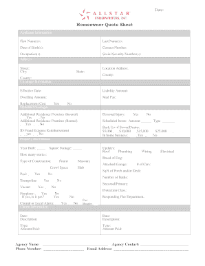 Fillable Online Homeowner Quote Sheet - Allstar Underwriters Fax Email ...