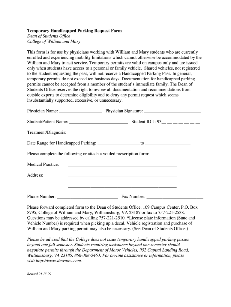 Fillable Online Temporary Handicapped Parking - College of William and ...