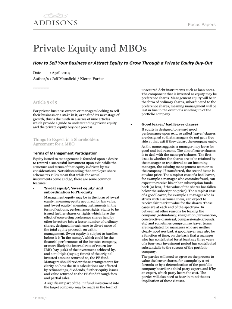 Fillable Online Private Equity and MBOs Fax Email Print - pdfFiller