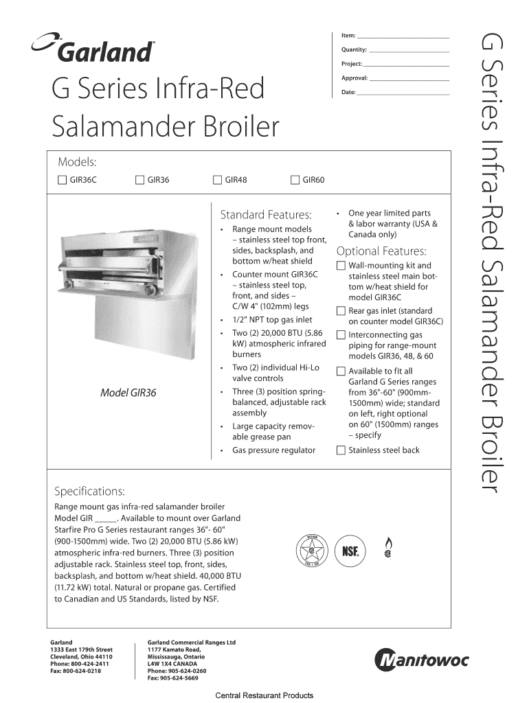 Fillable Online Garland G-Series Infra-Red Salamander Broiler GIR Spec ...