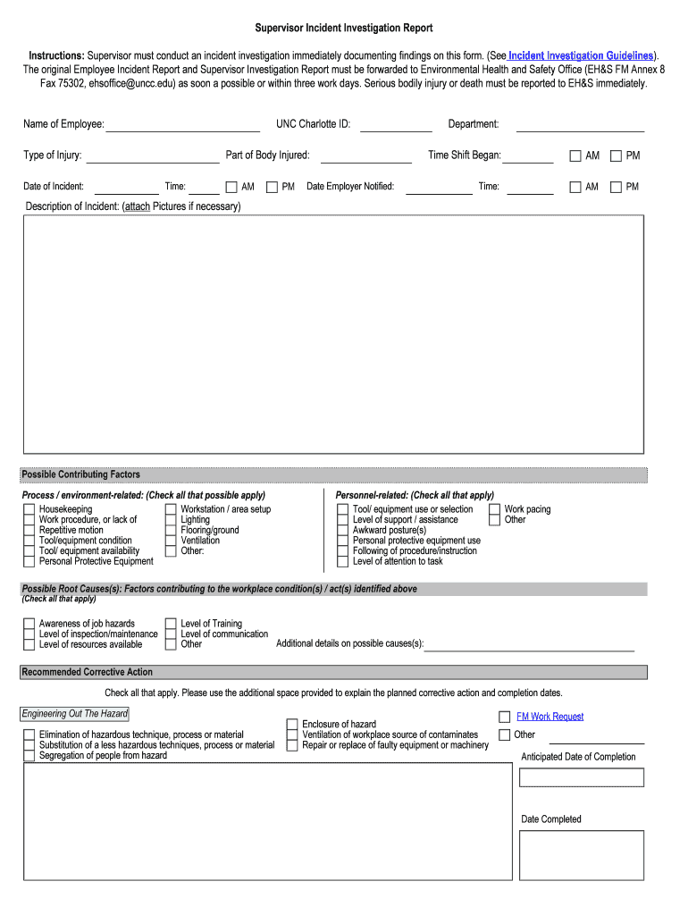 Fillable Online safety uncc Supervisor IncidentInvestigative Report Fax ...