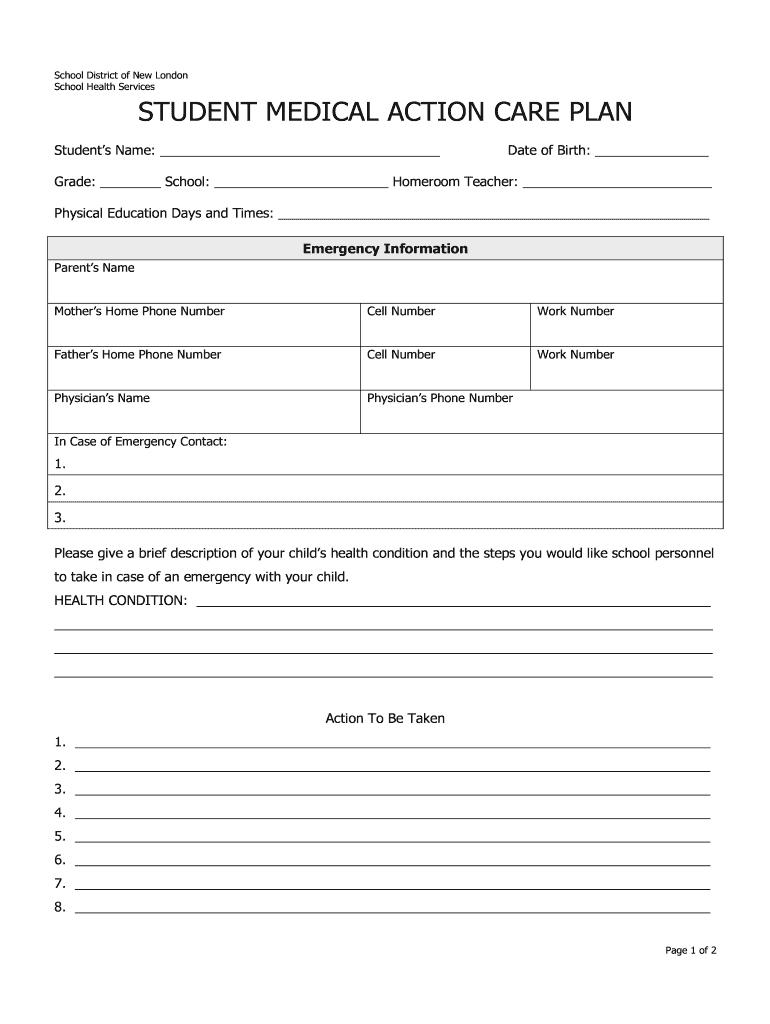 Fillable Online Student Medical Action Care Plan Form Fax Email Print ...