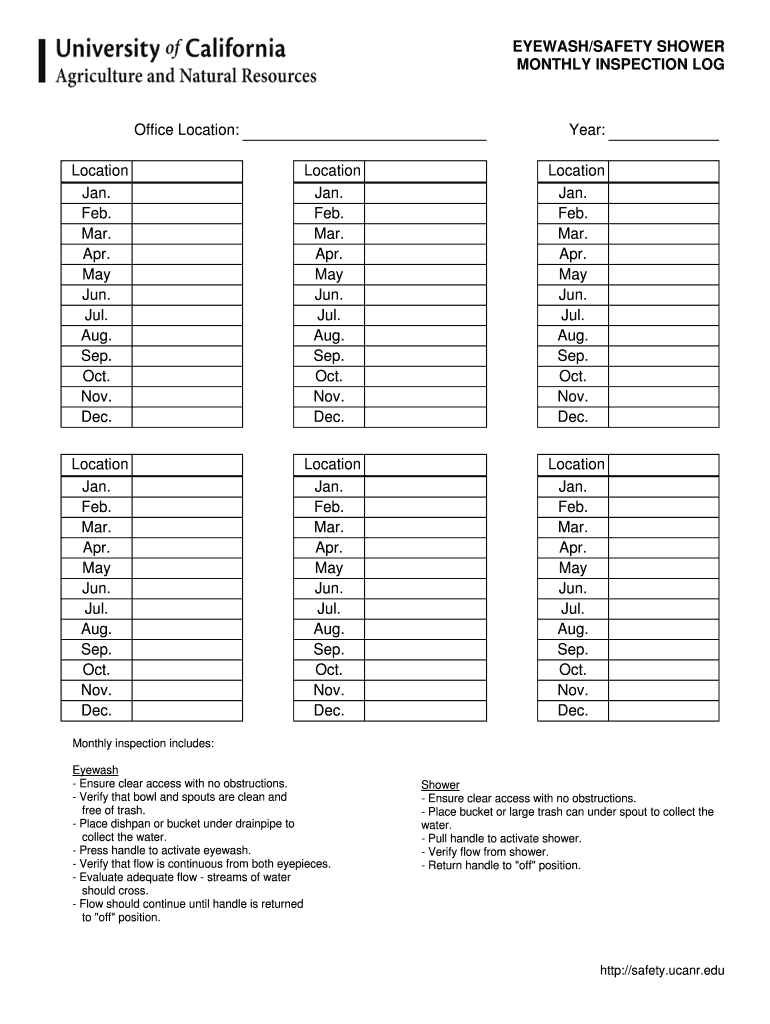 Fillable Online safety ucanr EyewashSafety Shower Monthly Inspection ...