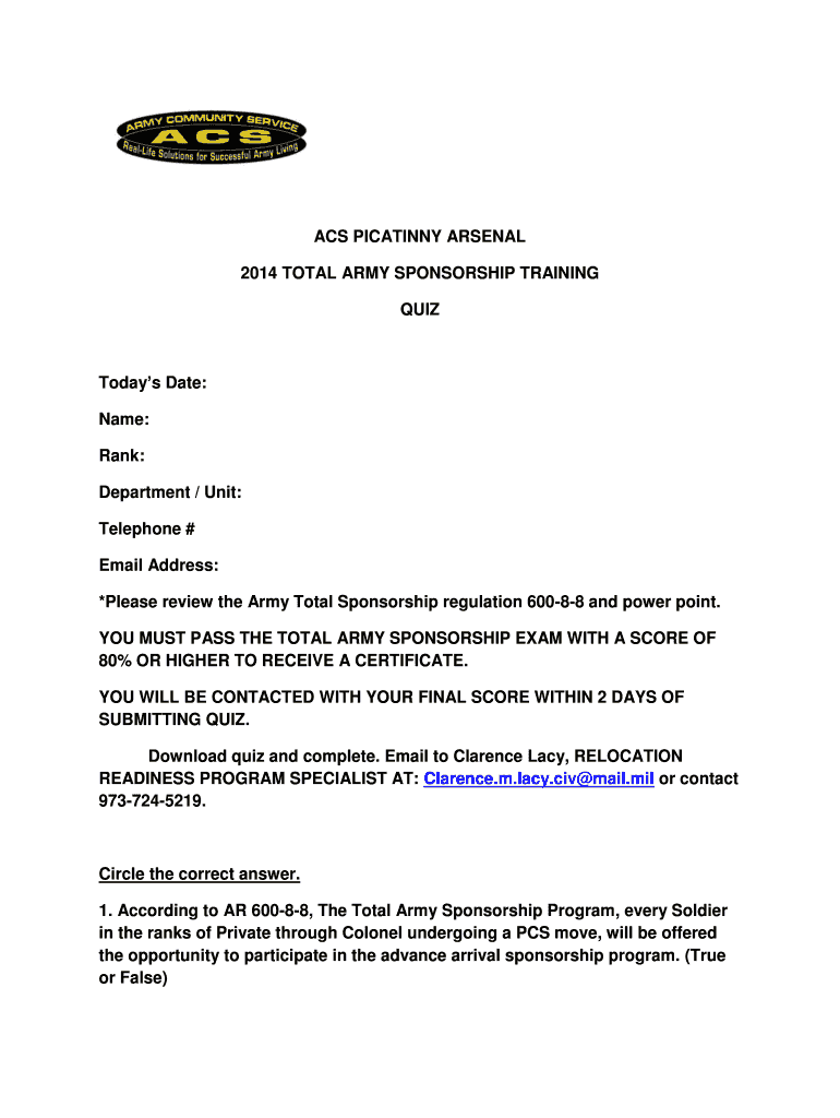 Fillable Online pica army ACS PICATINNY ARSENAL b2014b TOTAL ARMY ...