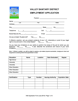 Fillable Online valley-sanitary PDF Employment Application Printable ...