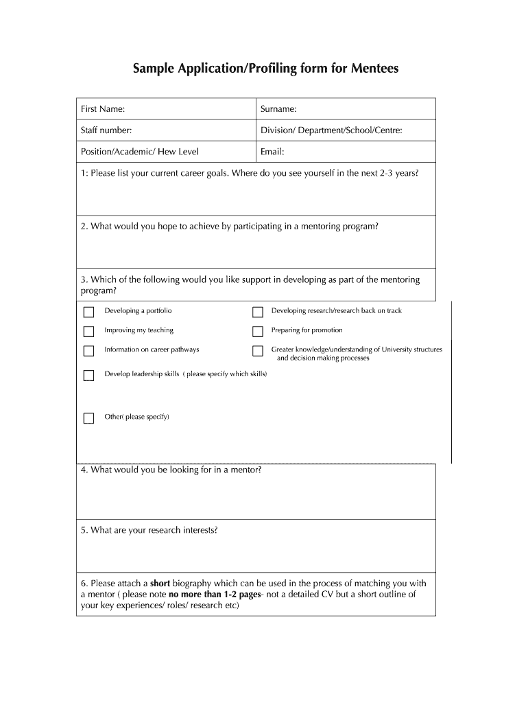 Fillable Online Sample ApplicationProfiling form for Mentees Fax Email ...