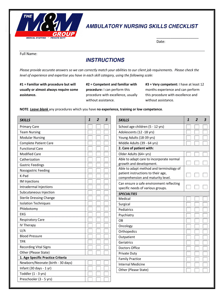 Fillable Online Ambulatory Nursing Skills Checklist Fax Email Print ...