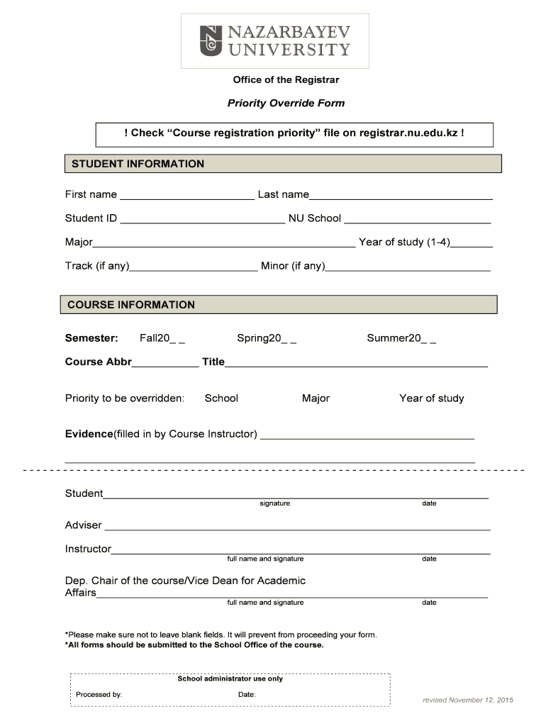 Fillable Online Priority Override Form - Registrar Fax Email Print ...