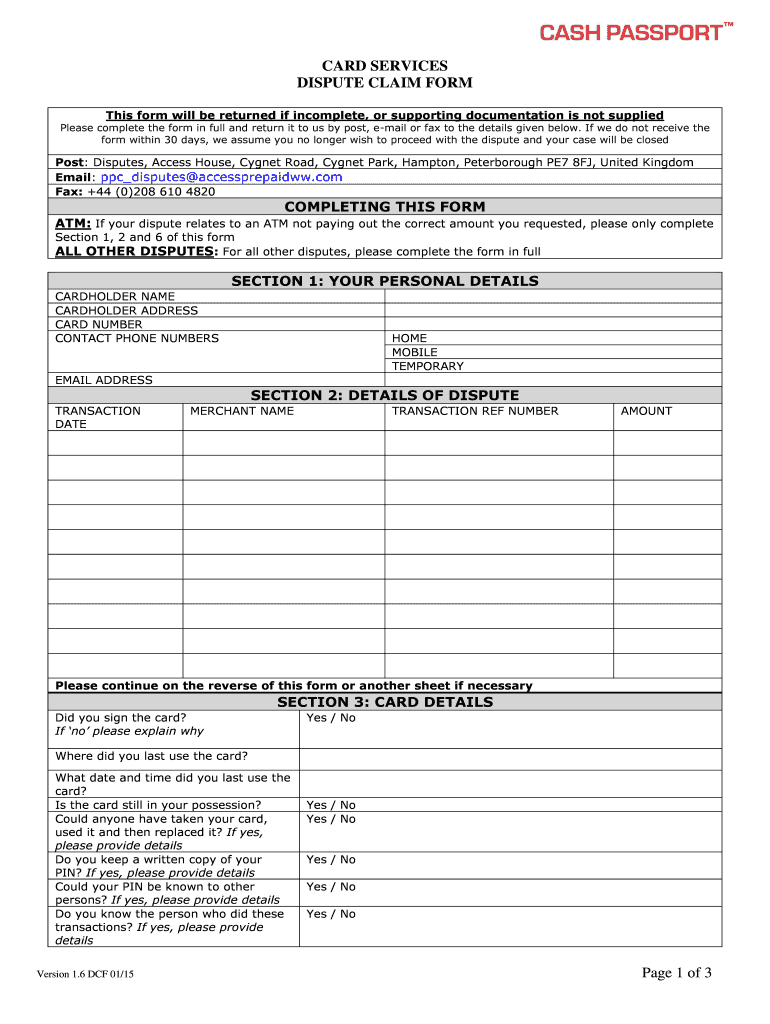 Fillable Online DISPUTE CLAIM FORM Fax Email Print - pdfFiller