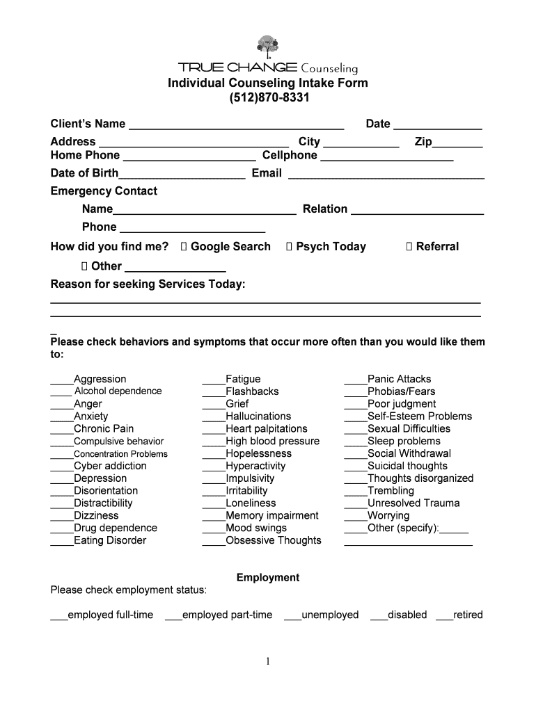 Fillable Online Individual Counseling Intake Form Fax Email Print ...