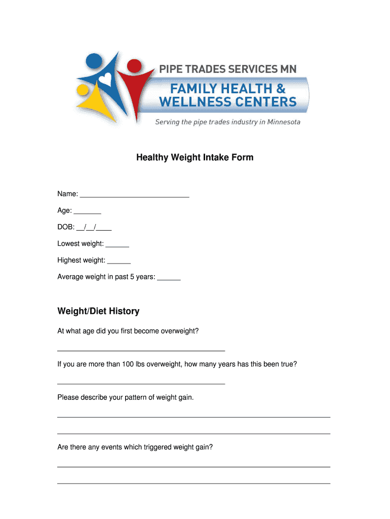 Fillable Online ptsmn Healthy Weight Intake Form WeightDiet History Fax ...
