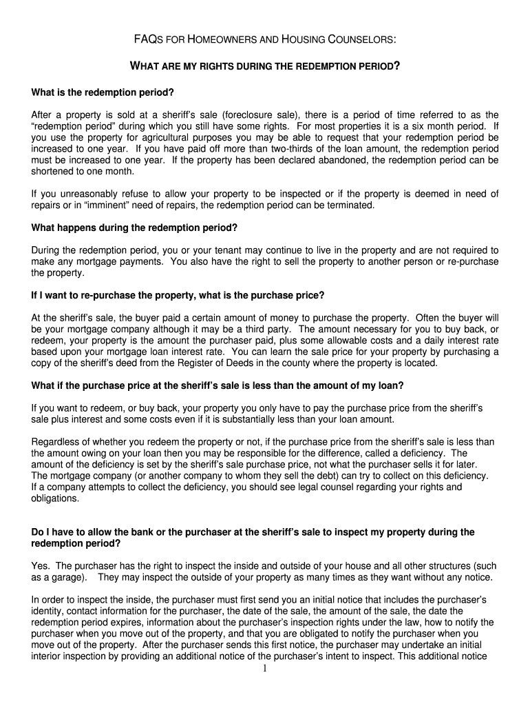 Fillable Online WHAT ARE MY RIGHTS DURING THE REDEMPTION PERIOD Fax ...
