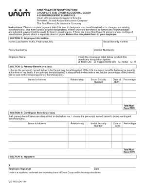 Fillable Online aebsd UNUM Beneficiary Form Fax Email Print - pdfFiller