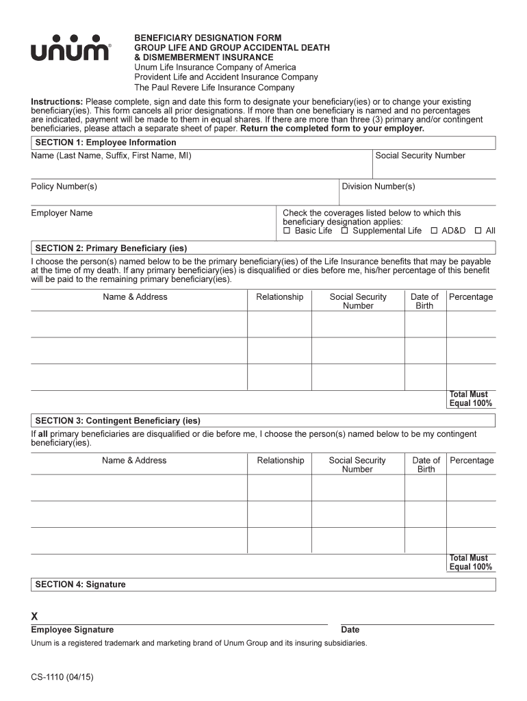 Fillable Online aebsd UNUM Beneficiary Form Fax Email Print - pdfFiller