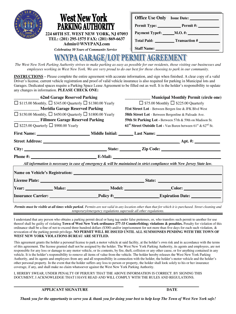 Fillable Online wnyparkingauthority Lot Application - West New York ...
