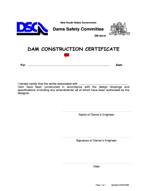 Fillable Online damsafety nsw gov Dam Construction Certificate D9 Fax ...