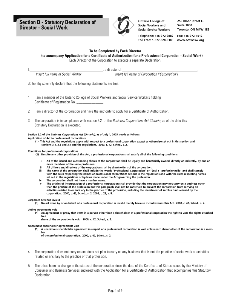 Fillable Online Section D Statutory Declaration of Director - Ontario ...
