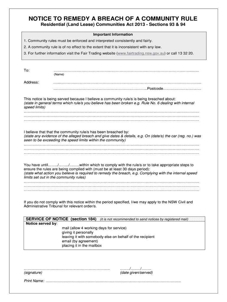 Fillable Online arpra org Notice to comply with community rules - NSW ...