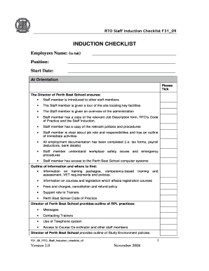 Fillable Online RTO Staff Induction Checklist F3109 Fax Email Print ...